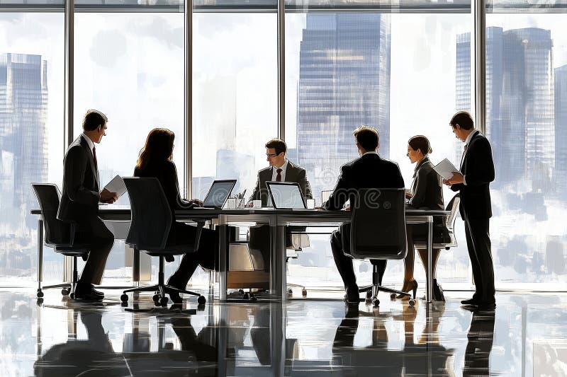 Illustration of a Group of Business People in an Office, Sitting at ...