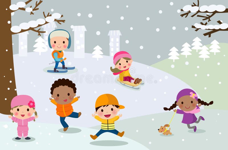 Group of Children Playing in Snow Stock Vector - Illustration of child ...