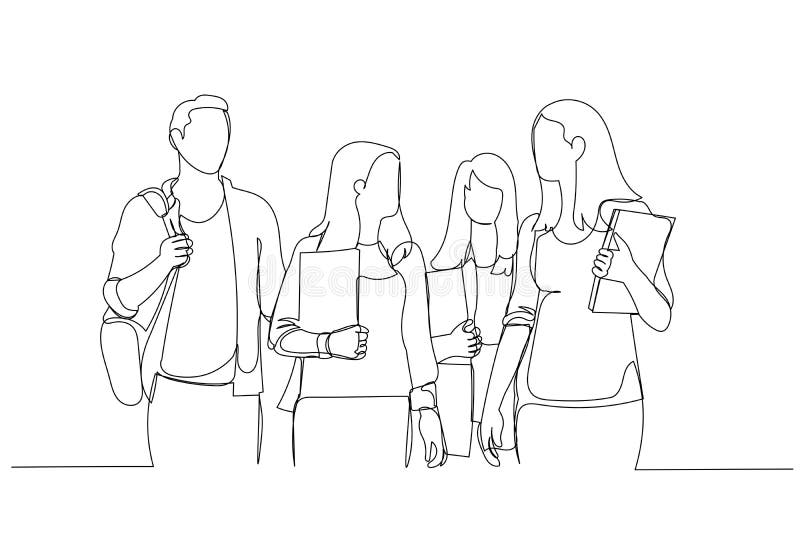 Illustration of Group of College Students Walking Together. Single Line ... Illustration of Group of College Students Walking Together. Single Line ...