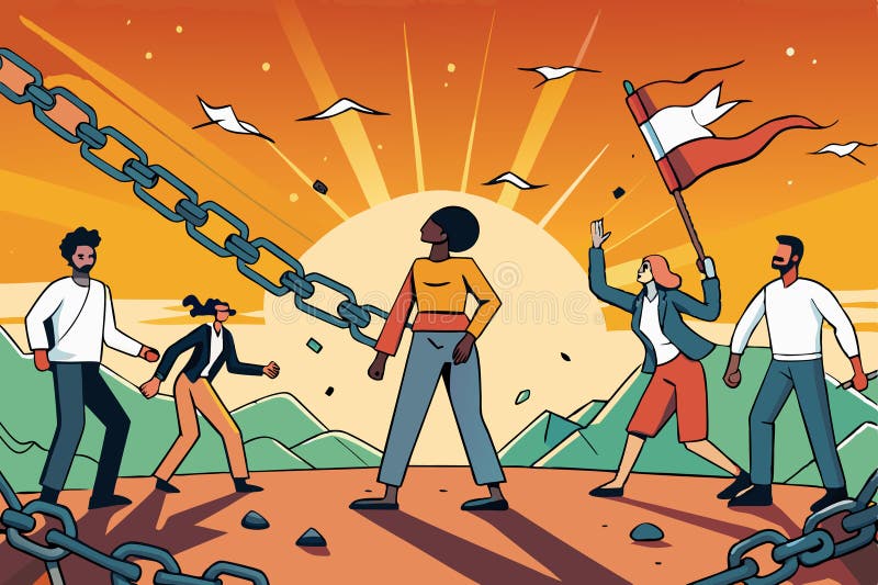 Illustration of a Group of Diverse People Breaking Chains and Uniting ...