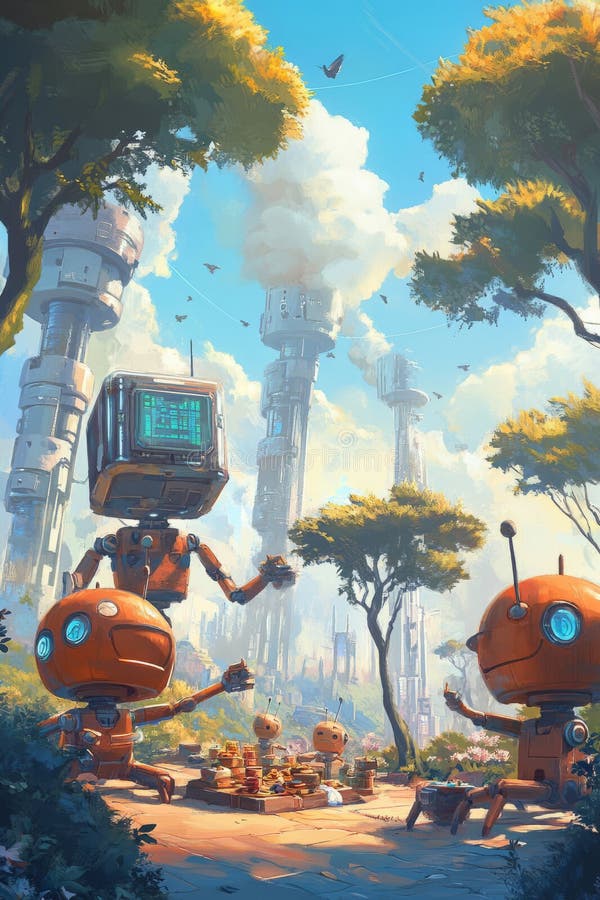 Illustration of a Group of Friendly Robots Having a Picnic in a ...