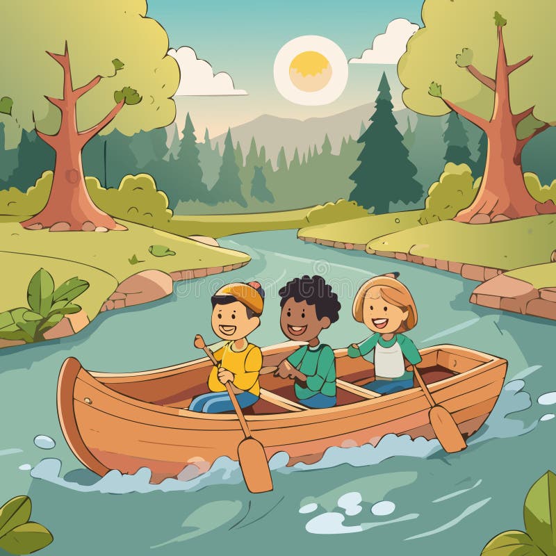 Illustration of a Group of Kids Rowing a Boat on the River Stock Vector ...