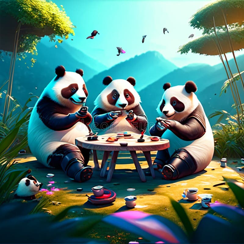 Illustration of a Group of Panda Eating at a Table in the Jungle AI ...