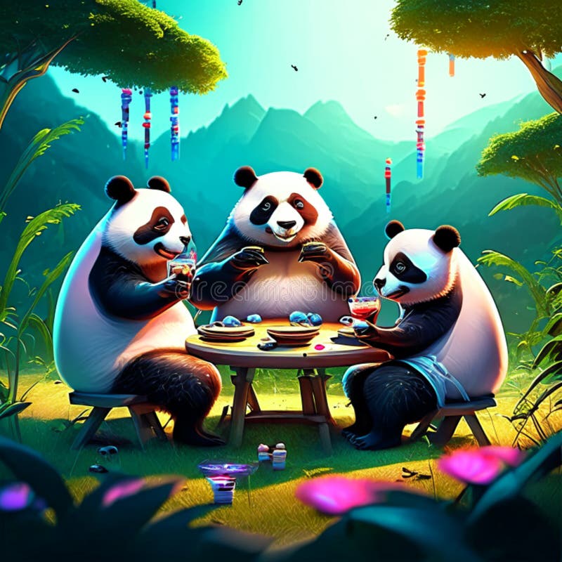 Illustration of a Group of Panda Eating at the Table in the Park ...