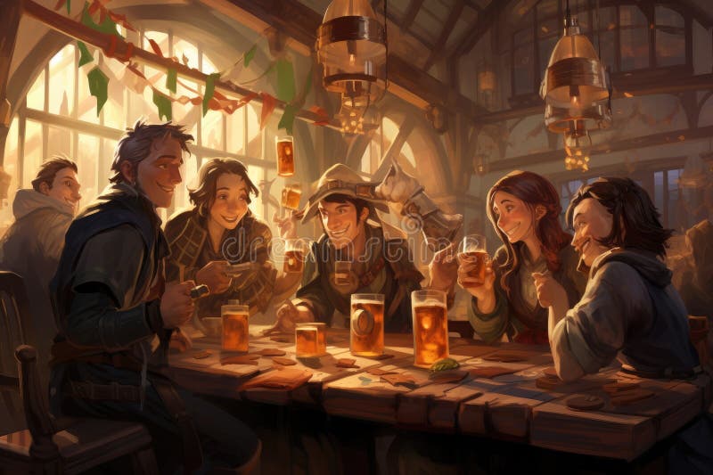 Illustration of a Group of People Drinking Beer in a Pub, a Group of ...