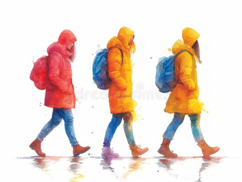 Illustration of a Group of Young People Walking in the Rain. Generative ...
