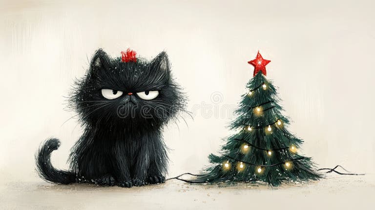 Illustration of a Grumpy Fluffy Black Cat Sitting with a Grumpy ...