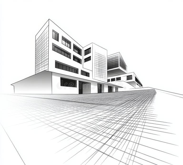 Illustration of H-shaped Building Architecture in 3d Perspective View ...