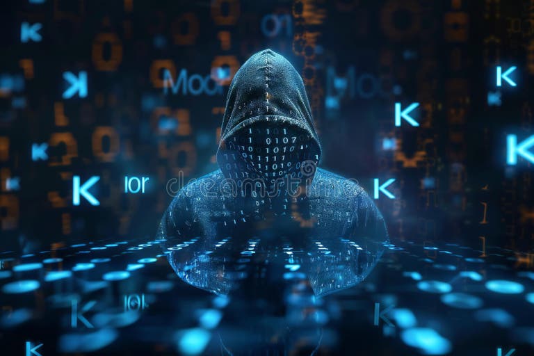 A Hacker in a Hood is Surrounded by Binary Code and a Digital Background, Symbolizing the ...