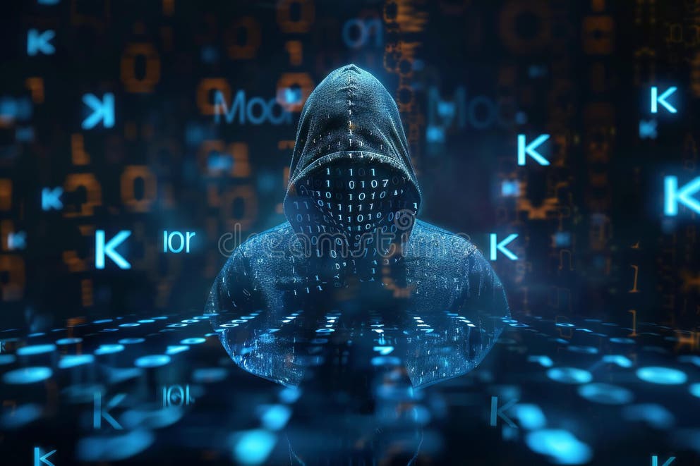 A Hacker in a Hood is Surrounded by Binary Code and a Digital Background, Symbolizing the ...