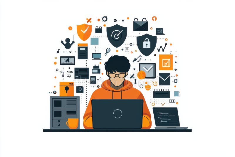 Illustration of a Hacker Surrounded by Cybersecurity and Digital ...