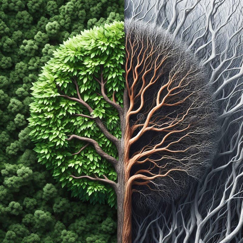 Illustration with Half of the Tree Dry and the Other Half Lush ...