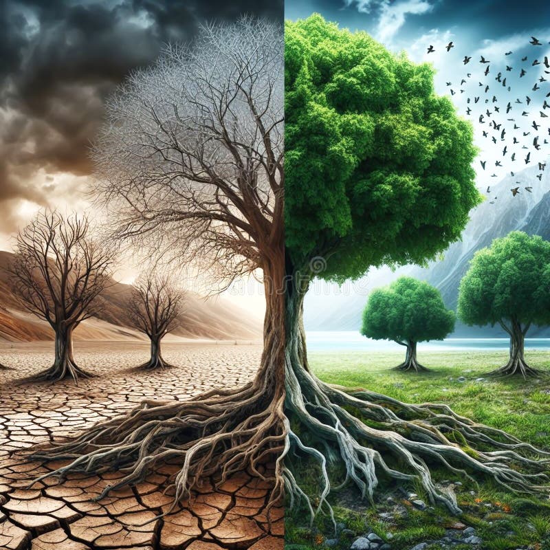 Illustration with Half of the Tree Dry and the Other Half Lush ...