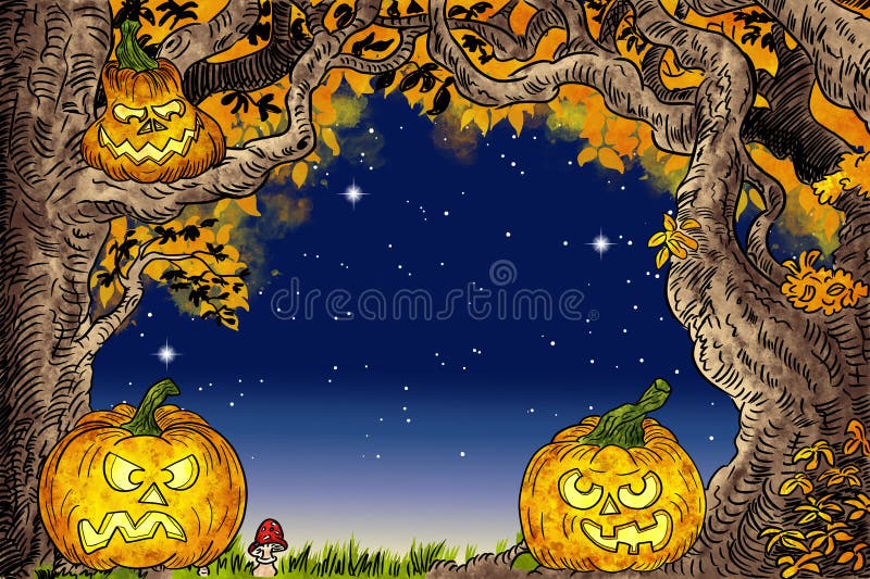 Illustration of Halloween Background with Pumpkin Faces and Trees Stock ...