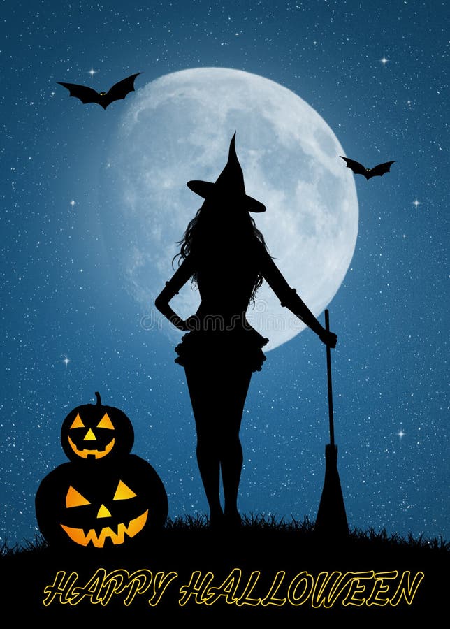 Halloween Witch in the Moonlight Stock Illustration - Illustration of ...