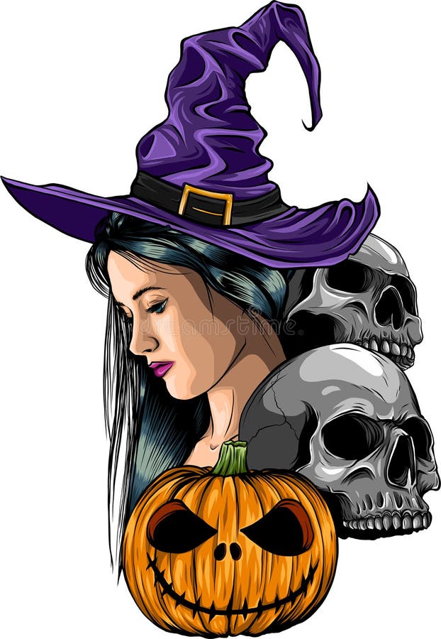 Illustration Halloween With Witch Skull And Pumpkin Stock Illustration