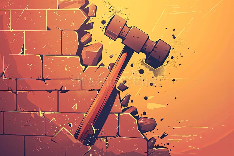 Illustration of a Hammer Forcefully Hitting and Breaking a Solid Brick ...