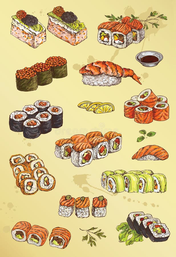 Illustration of Hand Drawing Set of Sushi Stock Illustration ...