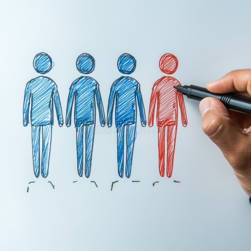 Illustration of a Hand Drawing Unique Red Figure among Blue Figures ...