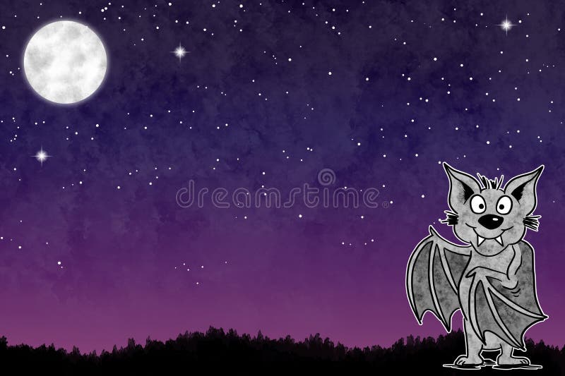 Illustration of a Presenting Cartoon Bat in Night Sky with Copy Space ...
