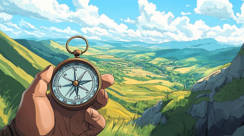 Illustration of Hand Holding Compass, Scenic Landscape Stock Image ...