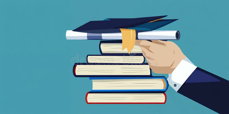 Illustration of Hand Holding Diploma with Graduation Cap Over Stack of ...