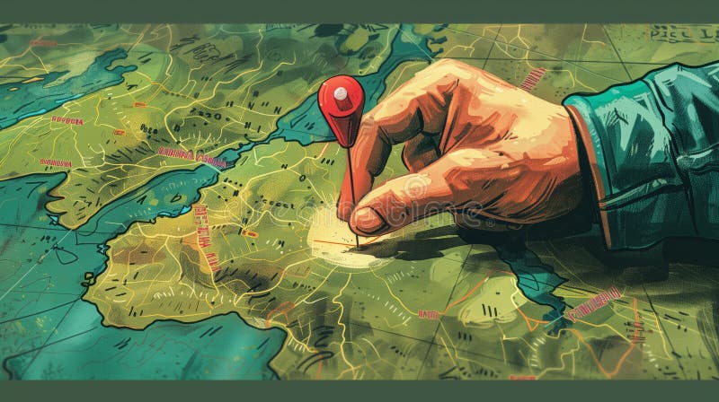 Illustration of a Hand Placing a Red Marker on a Map Stock Illustration ...