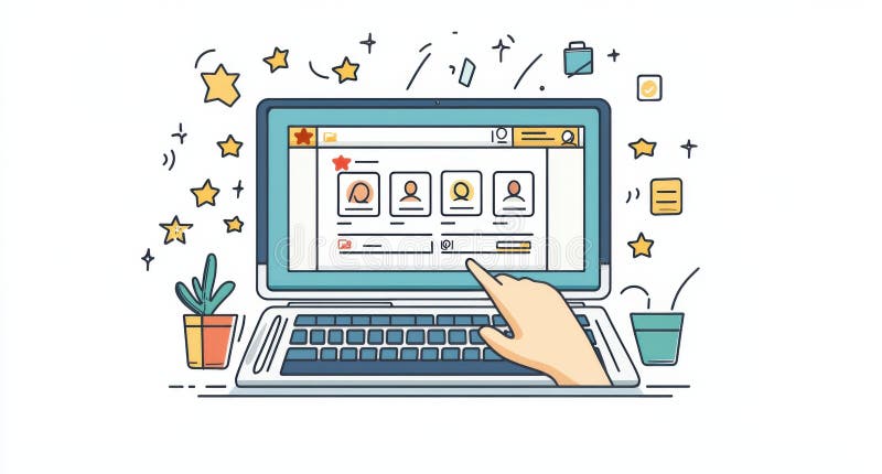 Hand Pointing To Profiles on a Computer Screen with Colorful Outline ...