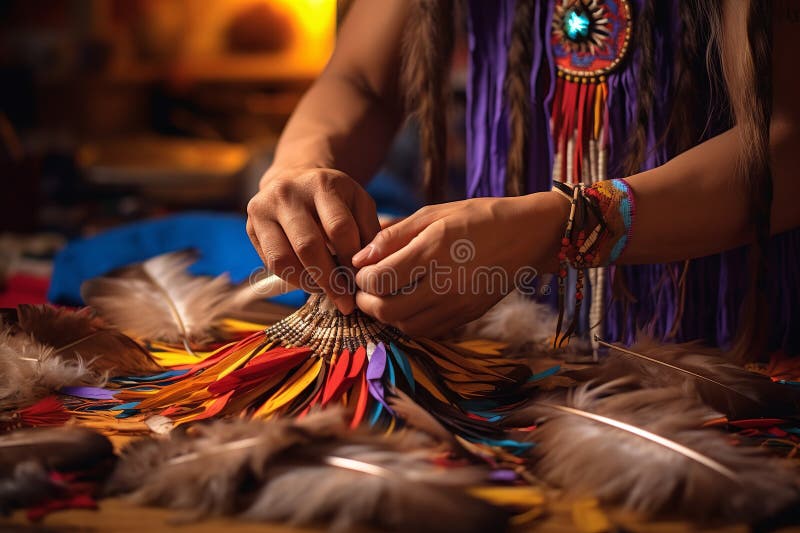 Illustration of Hands Craft a Traditional Native American Headdres ...