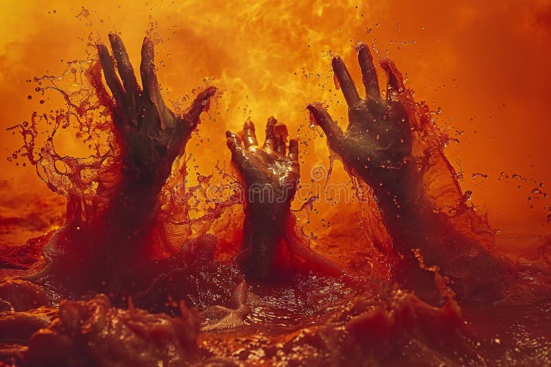 Hands Emerging from the Fiery River of Hell, Orange and Red Background, Hyper Realistic Stock ...