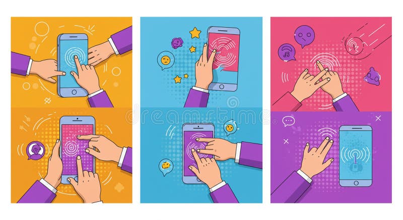 Illustration of Hands Interacting with Smartphones on Colorful ...