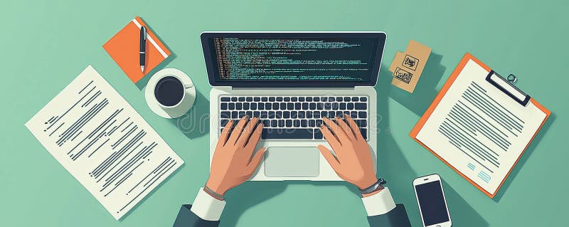 Illustration Hands Typing Laptop Work Setup Background Stock Photos ...