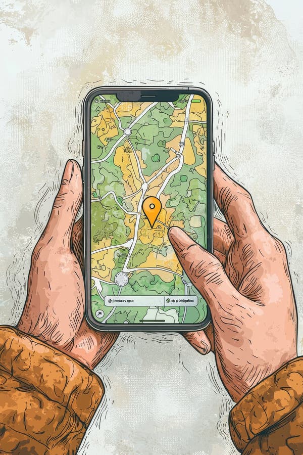 Illustration Hands Using Smartphone Map Application Navigation Stock ...