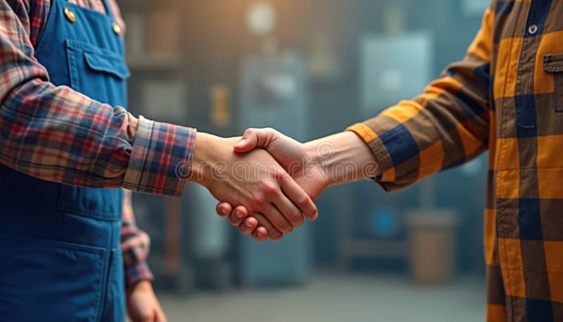 Illustration of Handshake between Two Workers in Industrial Workshop ...