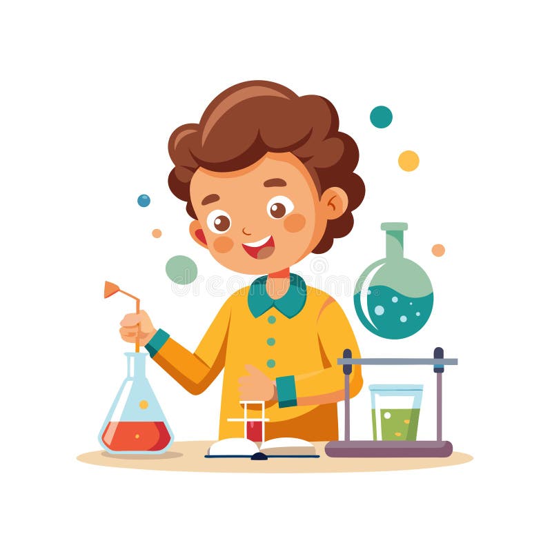 Boy Scientist Doing Science Experiments with Beakers, Flasks and Tubes ...