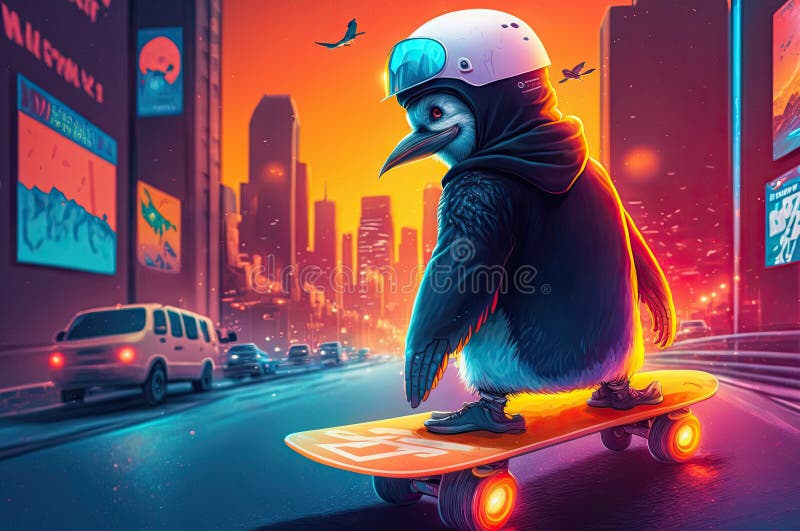 Illustration of the Happy Cute Penguin on the Skateboard Stock ...