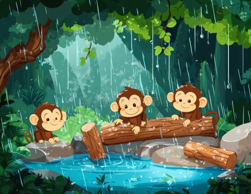 Illustration of a Happy Monkey Playing in the Rain in a Cartoon Stock ...