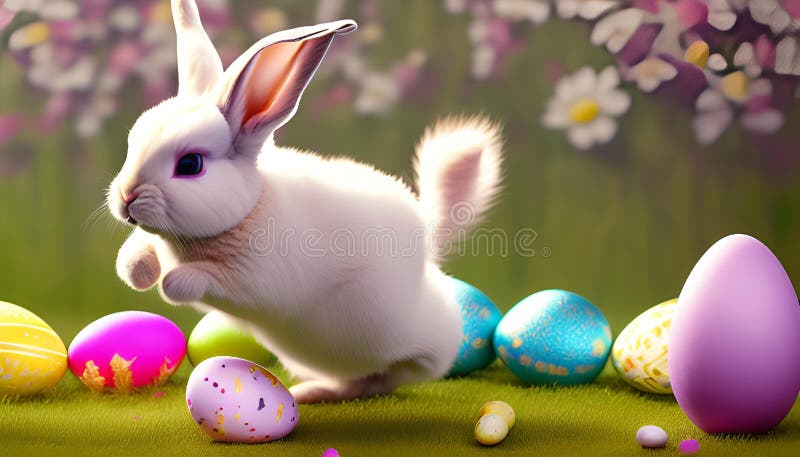 Illustration of Happy One Easter Bunny Jumping with Joy with Many ...