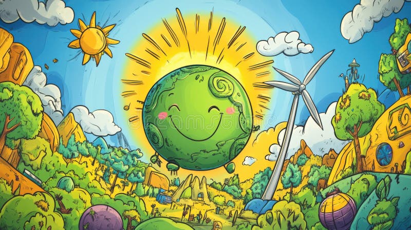 Illustration of a Happy Planet Earth Surrounded by Nature and Wind ...