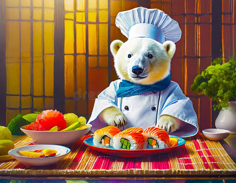 Illustration of a Happy Polar Bear Chef Cooking Sushi Dish in the ...