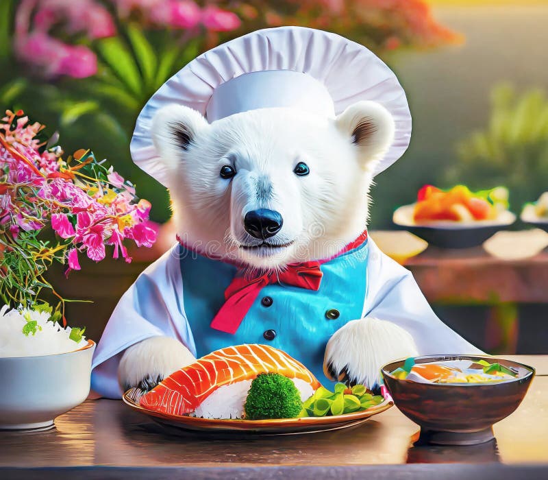 Illustration of a Happy Polar Bear Chef Serving Delectable Sushi Dish ...
