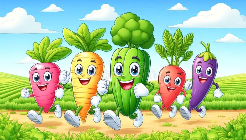 Illustration of Happy Vegetables Running in the Field Stock ...