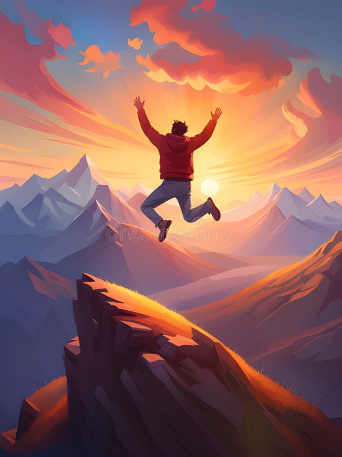Illustration of Happy Young Man Jumping Over Mountain Peak Stock ...