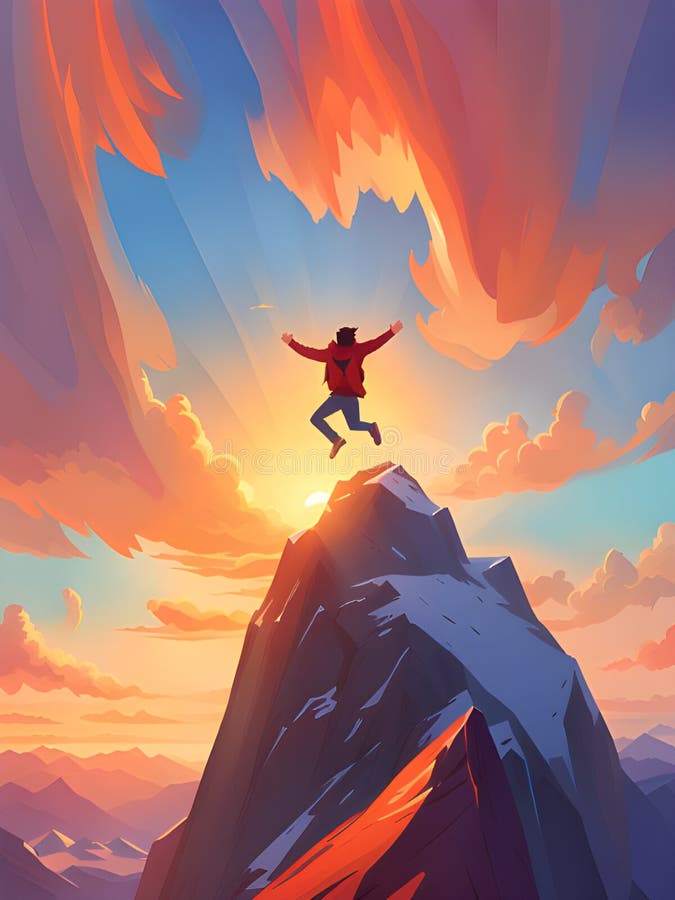 Illustration of Happy Young Man Jumping Over Mountain Peak Stock ...