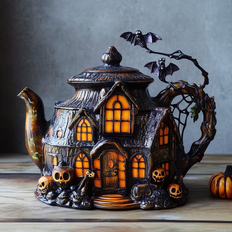 Enchanted Halloween Teapot with Bats and Tree Branch Details Stock ...