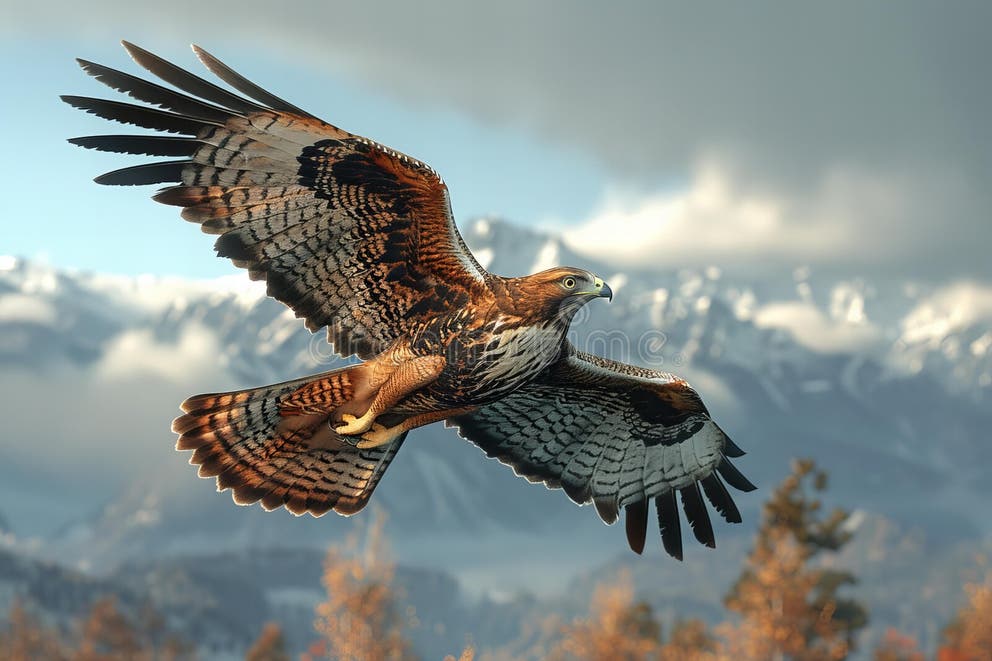 A Hawk Flying Over a Mountain Landscape with Clouds in the Sky Stock ...