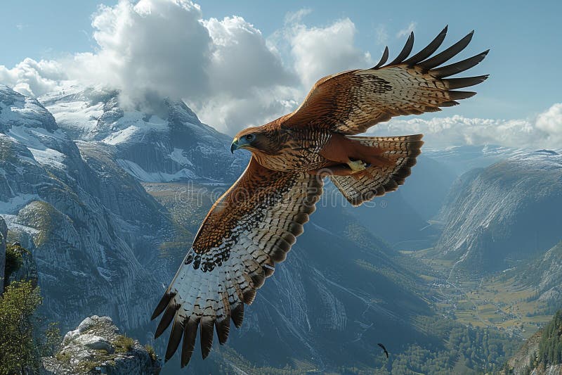 A Hawk Flying Over a Mountain Landscape with Clouds in the Sky Stock ...