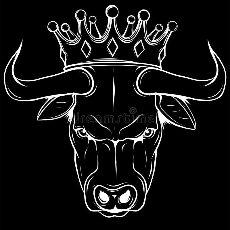 White Silhouette of Head of a Bull with a Crown on Black Background ...