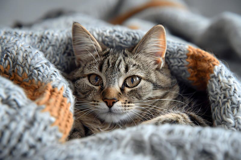 Healthy Kitten Cuddles Up in the Blanket, High Quality, High Resolution ...