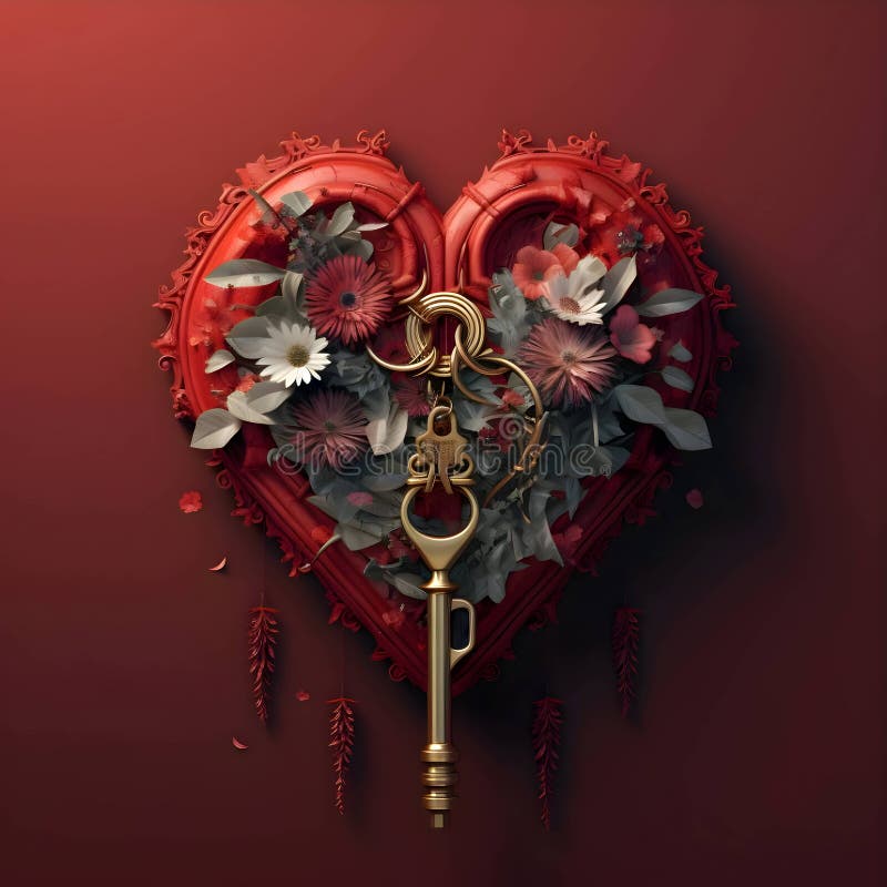 Illustration of a Heart with Flowers and a Key on a Red Background ...